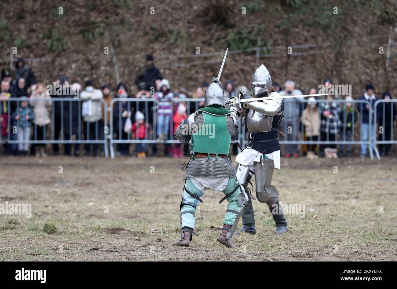Actors re-enact a medieval battle in Samobor, Croatia, on March 6, 2022 ...
