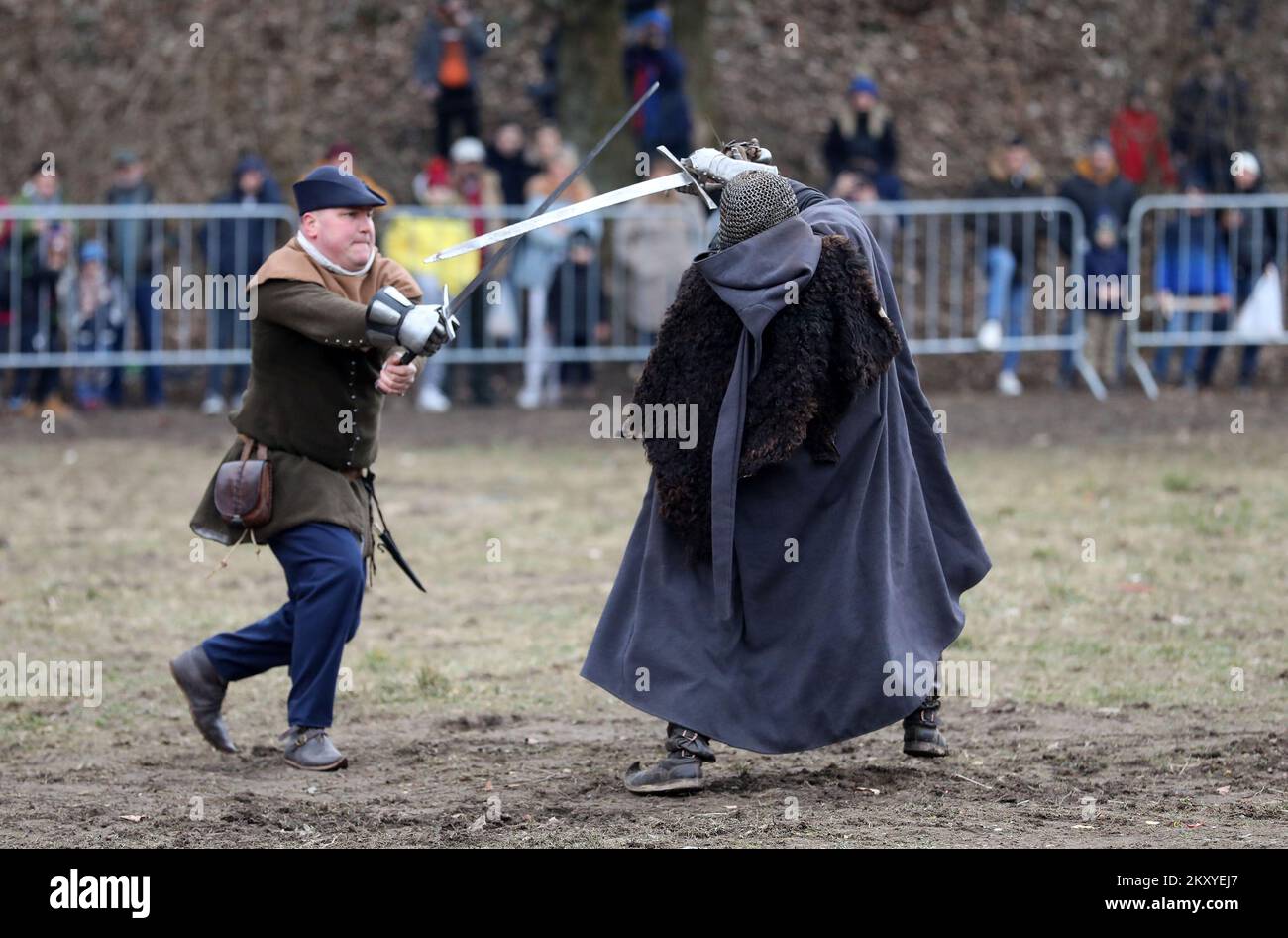 Actors re-enact a medieval battle in Samobor, Croatia, on March 6, 2022 ...