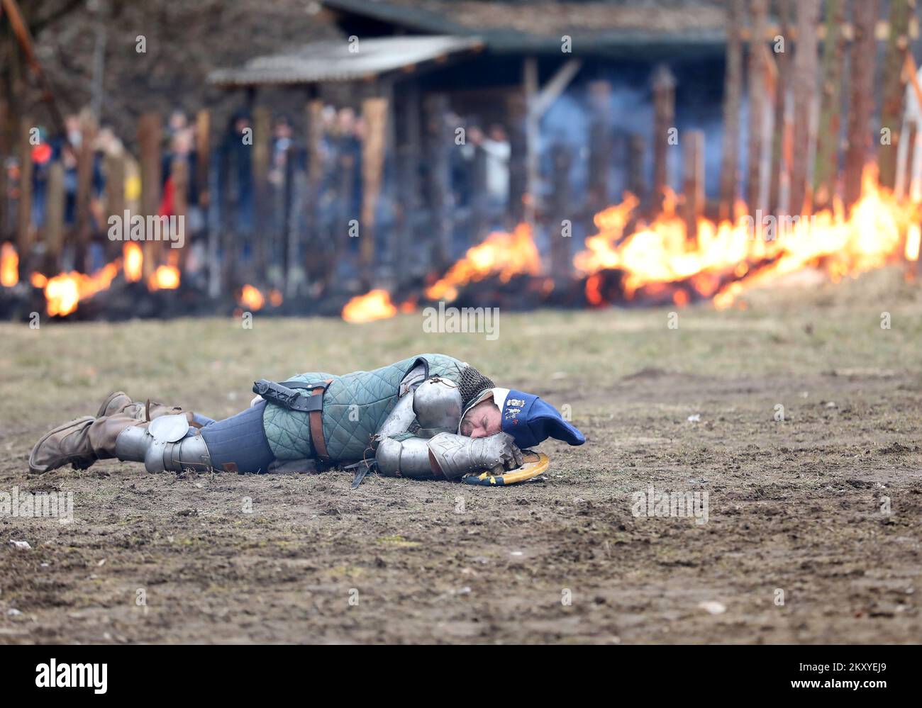 Actors re-enact a medieval battle in Samobor, Croatia, on March 6, 2022 ...