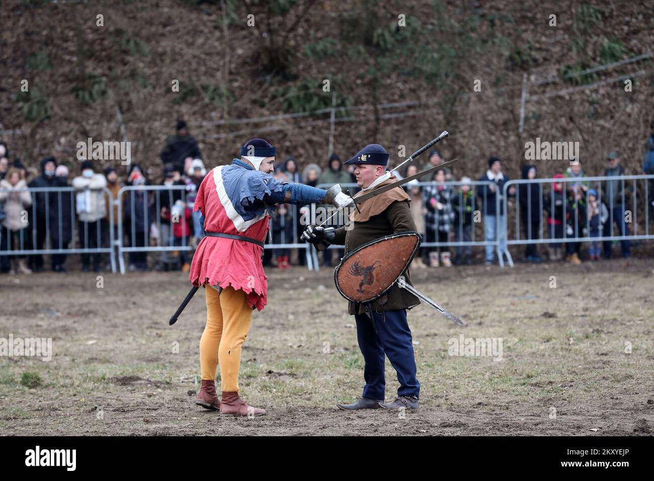 Actors re-enact a medieval battle in Samobor, Croatia, on March 6, 2022 ...