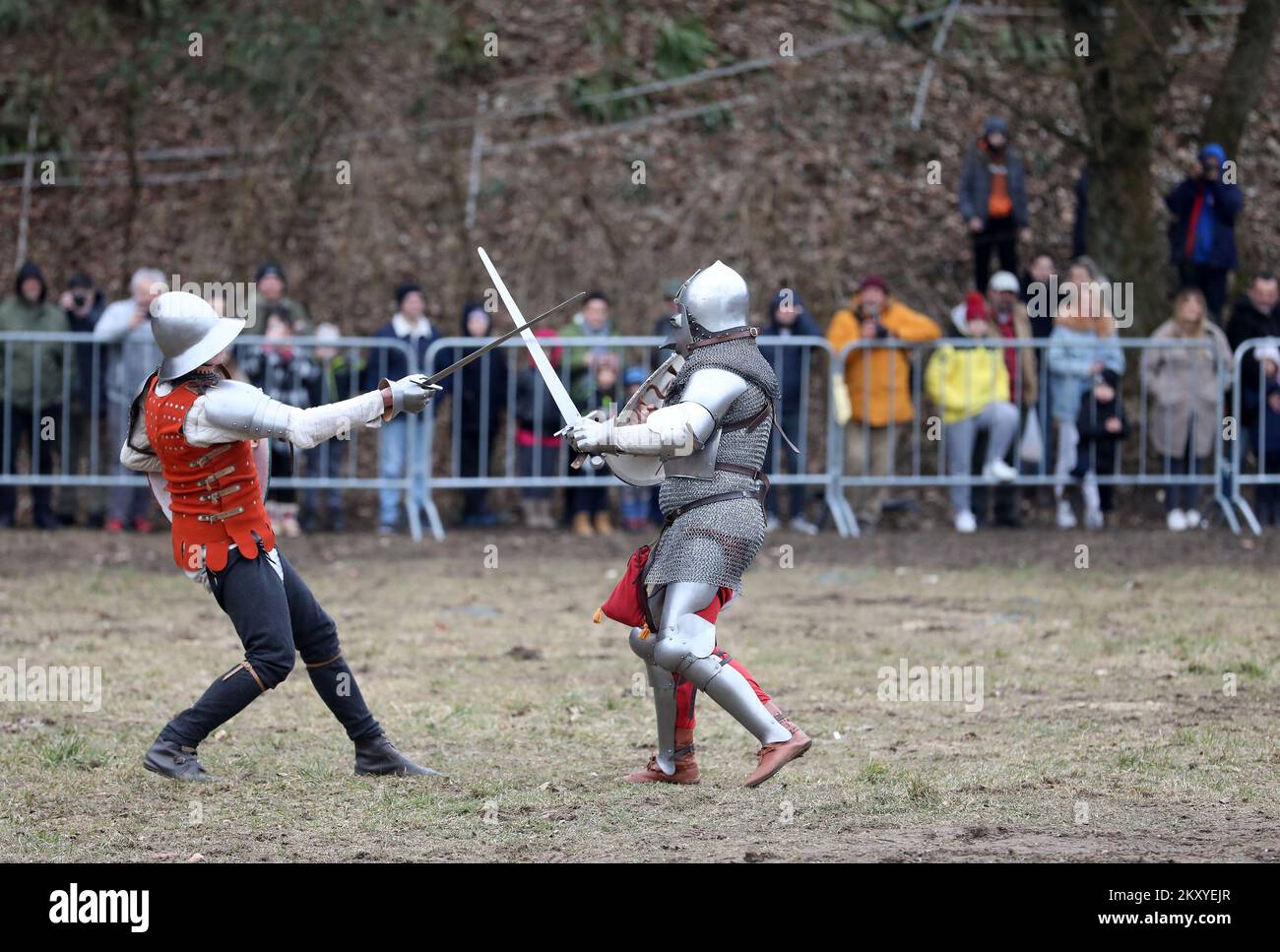 Actors re-enact a medieval battle in Samobor, Croatia, on March 6, 2022 ...