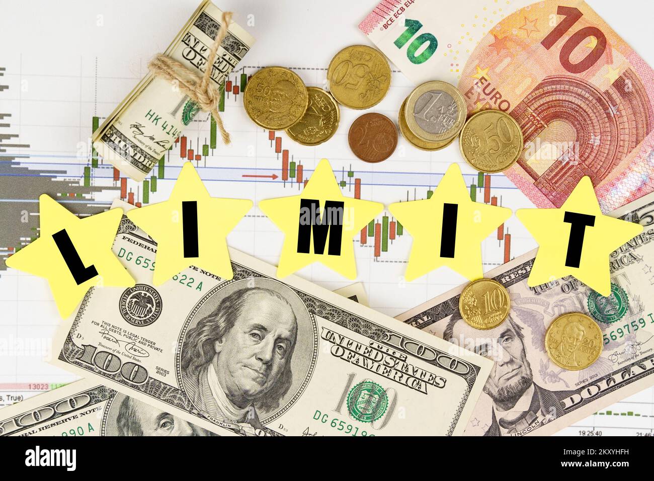 Finance and economics concept. Among the charts and money are asterisks ...
