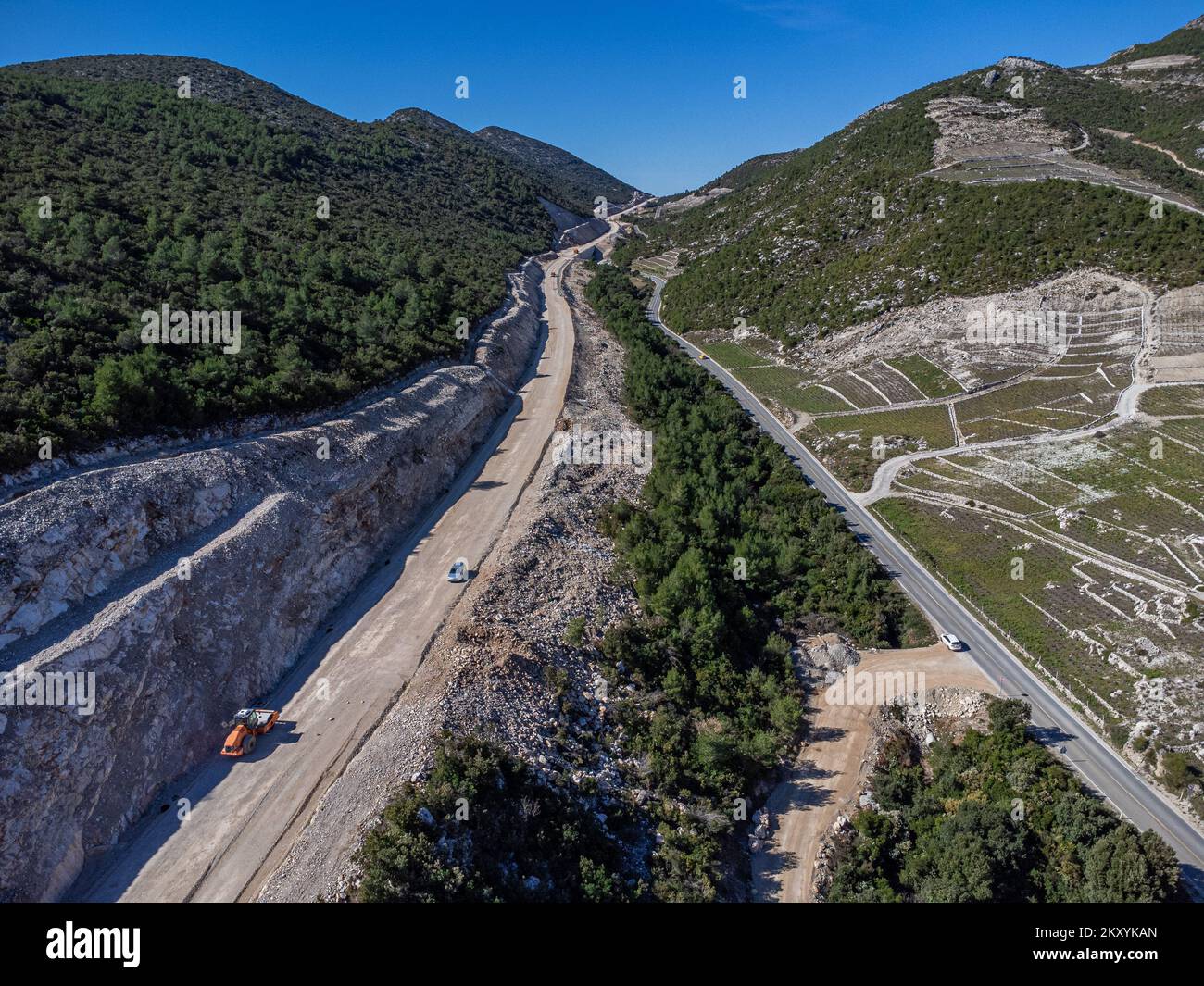 The picture shows the Ston Bridge and access roads from the air in ...