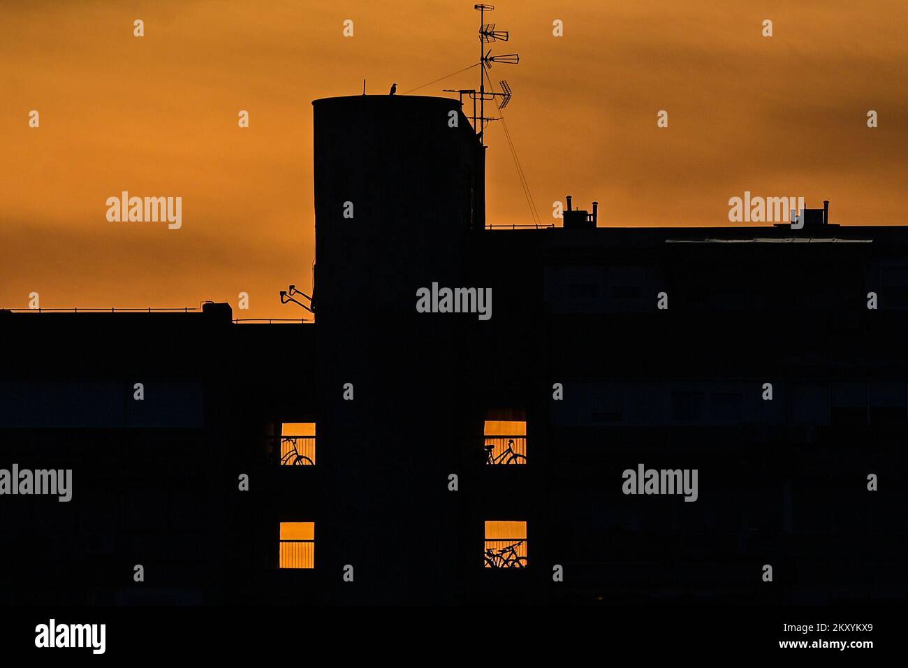 Sunset behind the residental skyscraper known as "Super Andrija" in ...