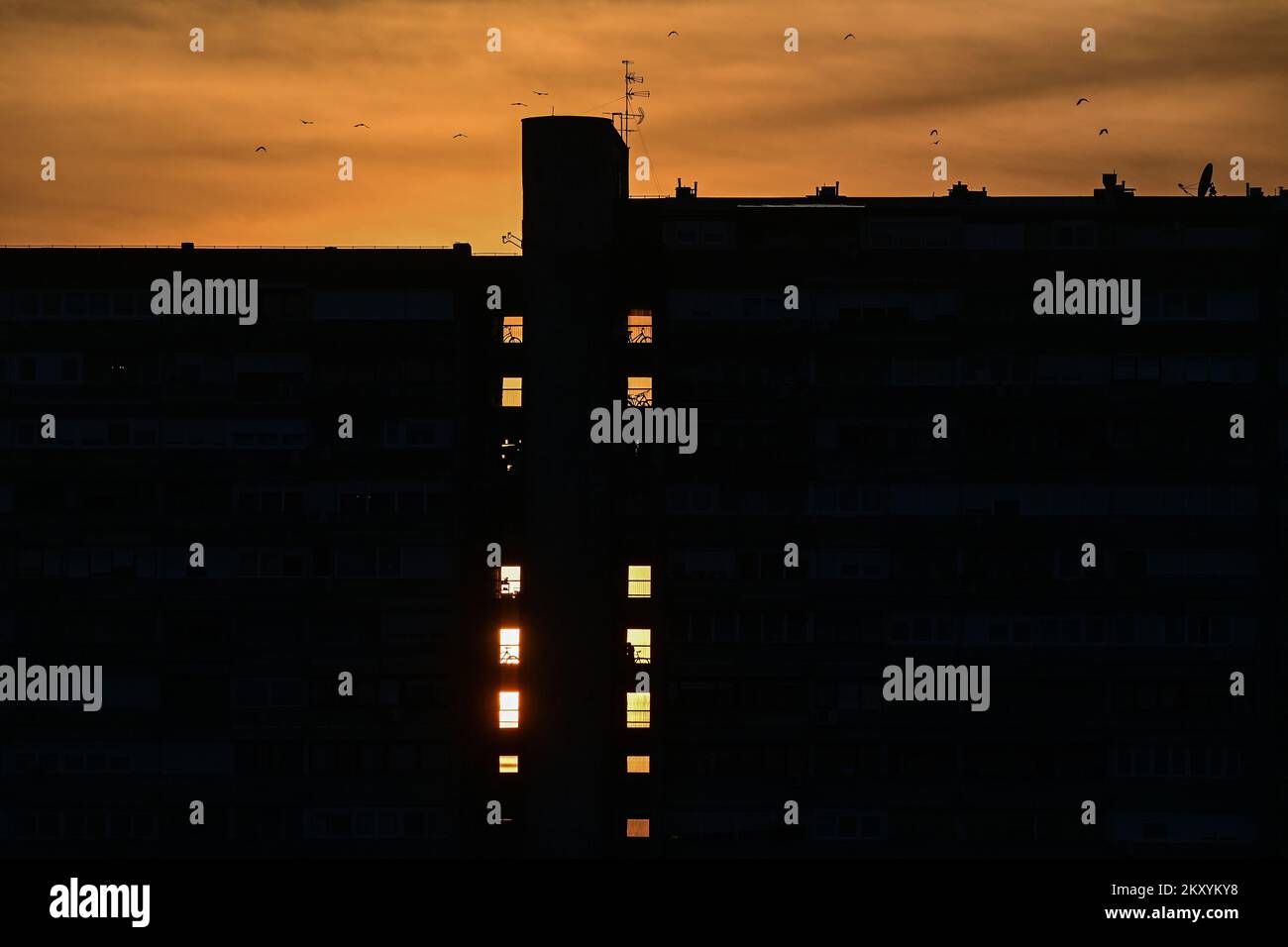 Sunset behind the residental skyscraper known as "Super Andrija" in ...