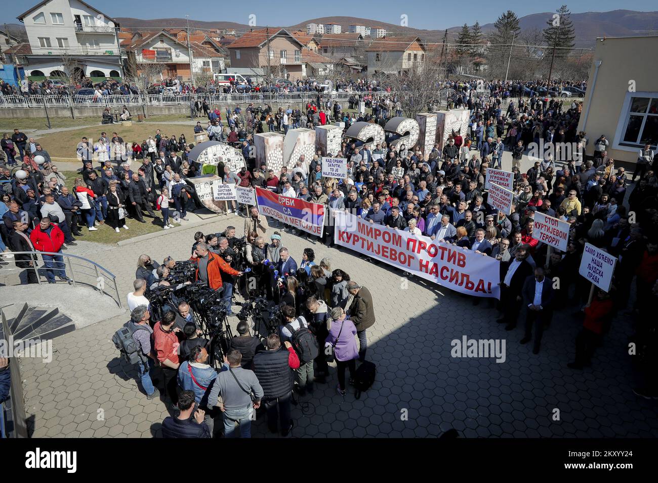 Thousands of Kosovo ethnic Serbs attend a protest in the town of ...
