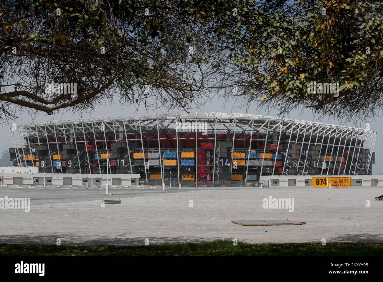 General view of the welcome sign outside Stadium 974 on March 26, 2022 ...
