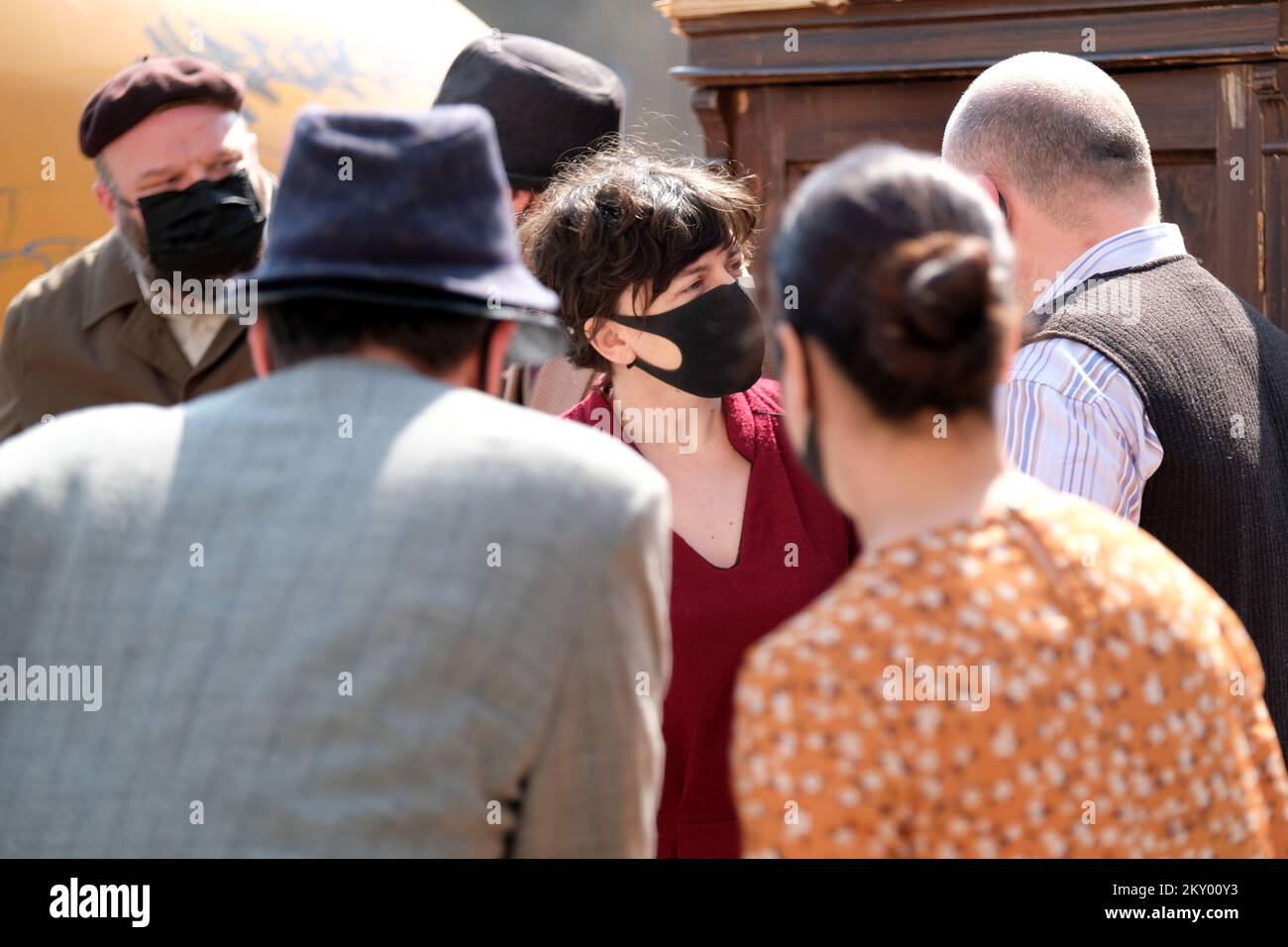 Actors wearing protective masks perform "Crotian way to happiness" play ...