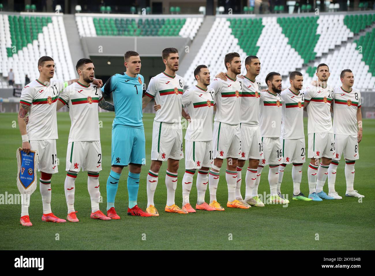 Bulgaria players line up for the national anthems during the ...