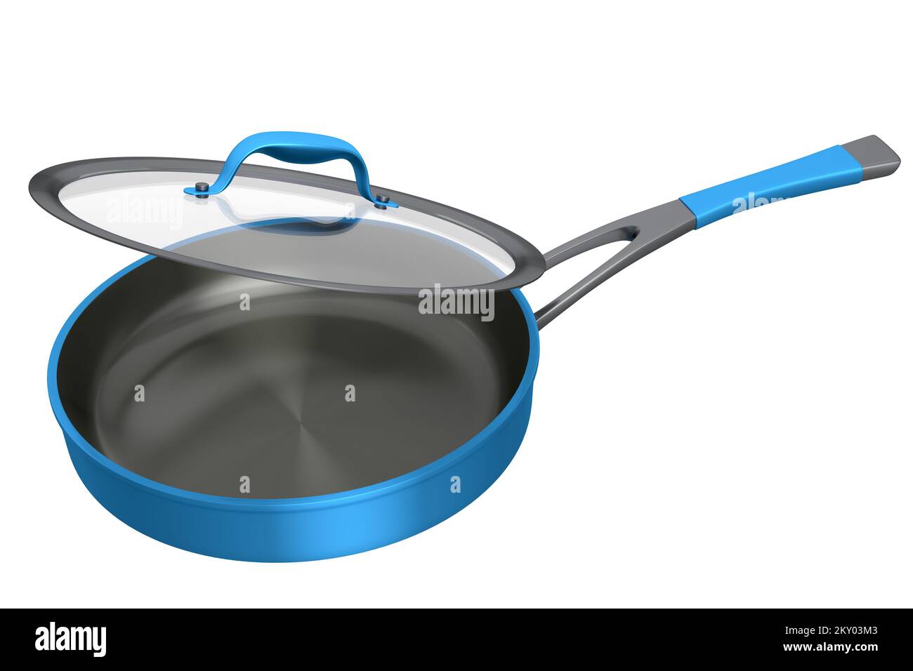 Frying pan with glass lid on white background. 3d render of non-stick ...