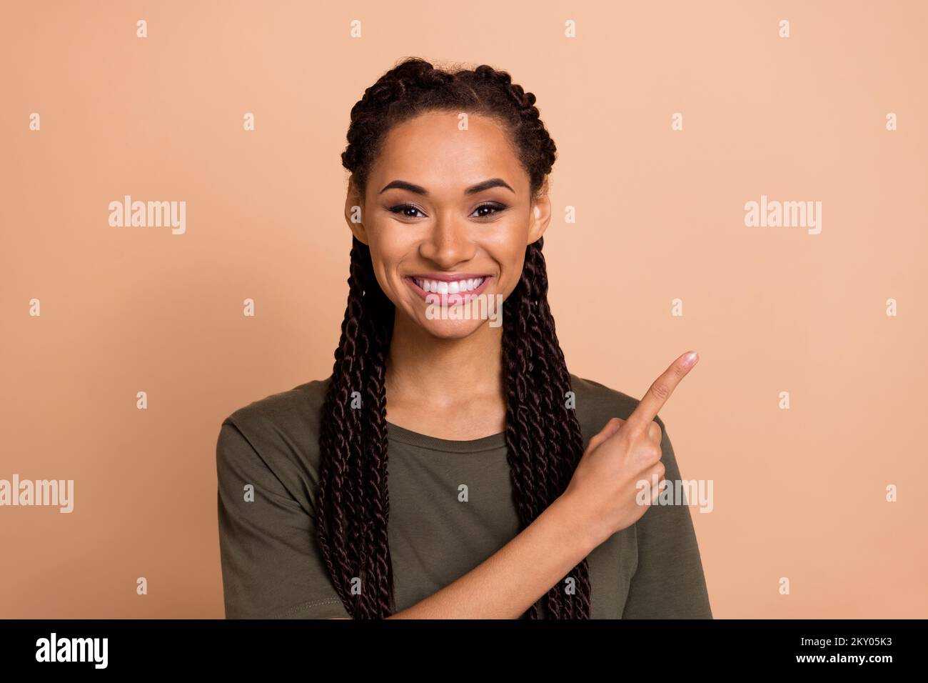 Photo of lovely charming female promote recommend shopping sale bargain ...