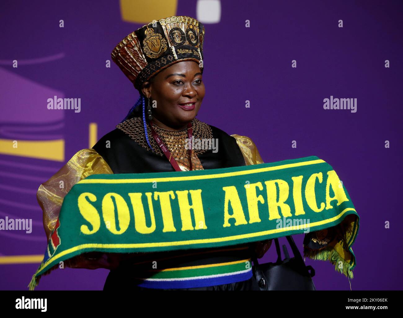South Africa fan Mama Joy arrives prior to the FIFA World Cup Qatar 2022 Final Draw at the Doha ...