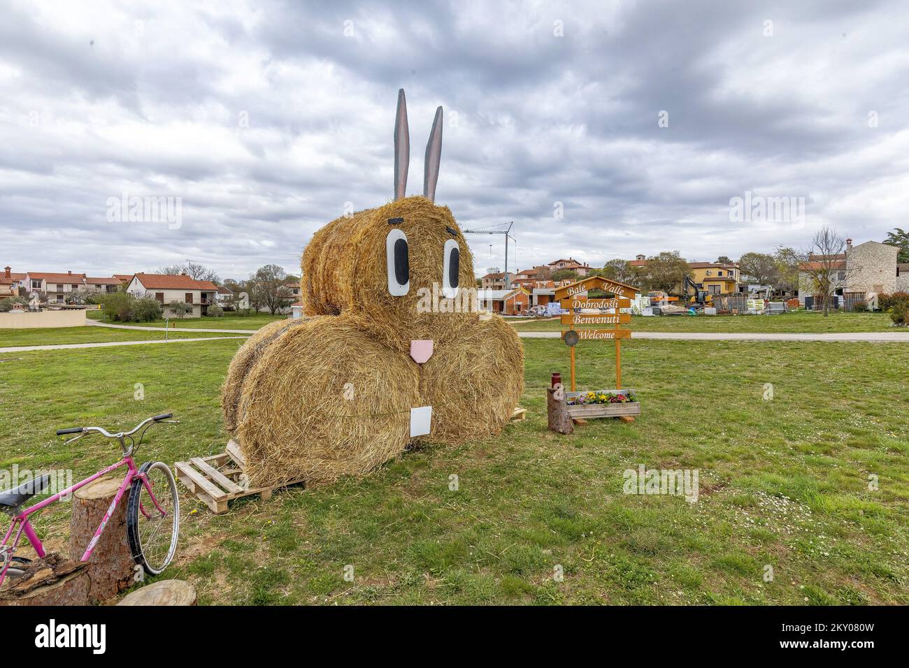Photo taken on April 8, 2022 shows easter bunny made of hay, in Bale ...