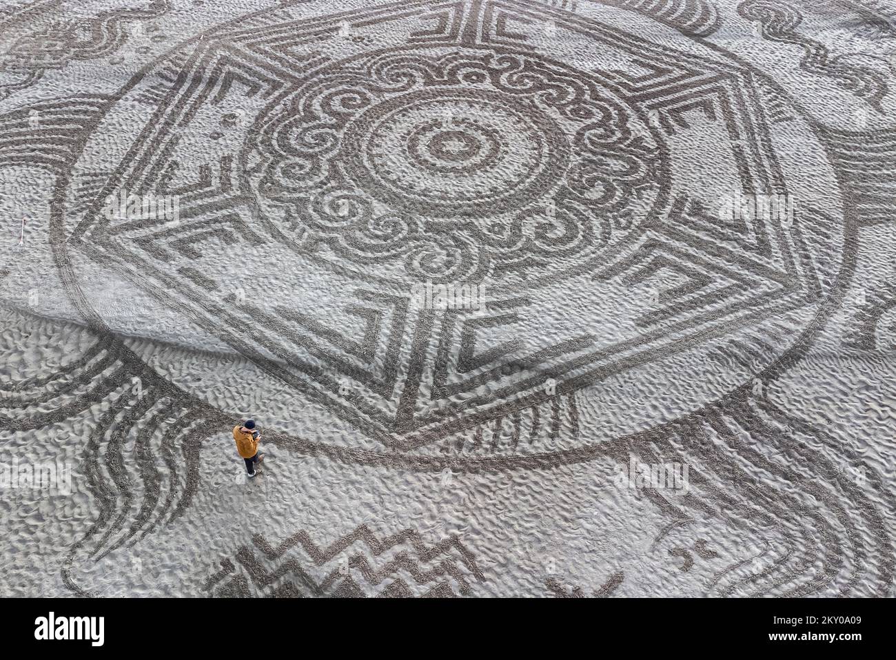Aerial photo of sand drawing made by artist Nikola Faller at Drava ...