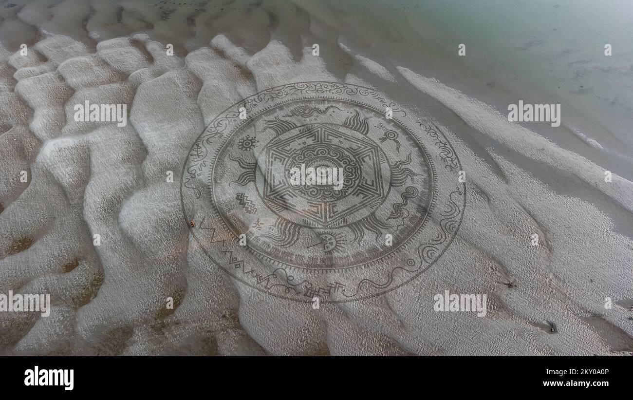 Aerial photo of sand drawing made by artist Nikola Faller at Drava ...