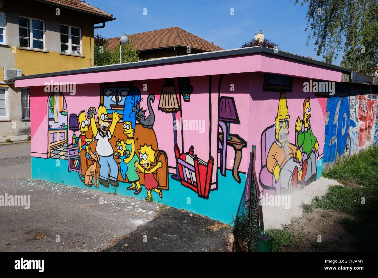 Painted graffiti of the famous Simpsons family from the animated series ...