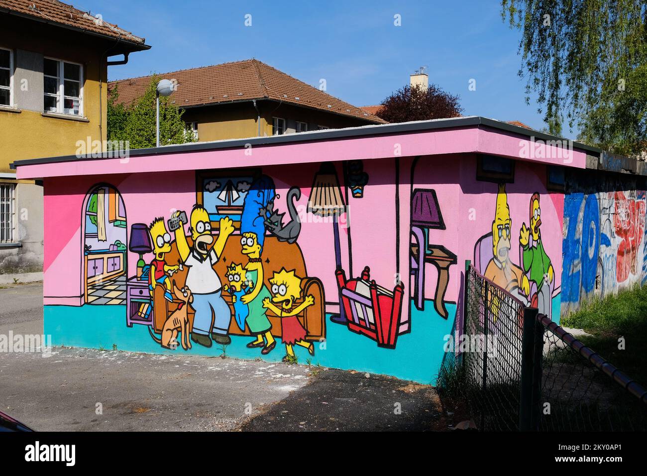 Painted graffiti of the famous Simpsons family from the animated series ...