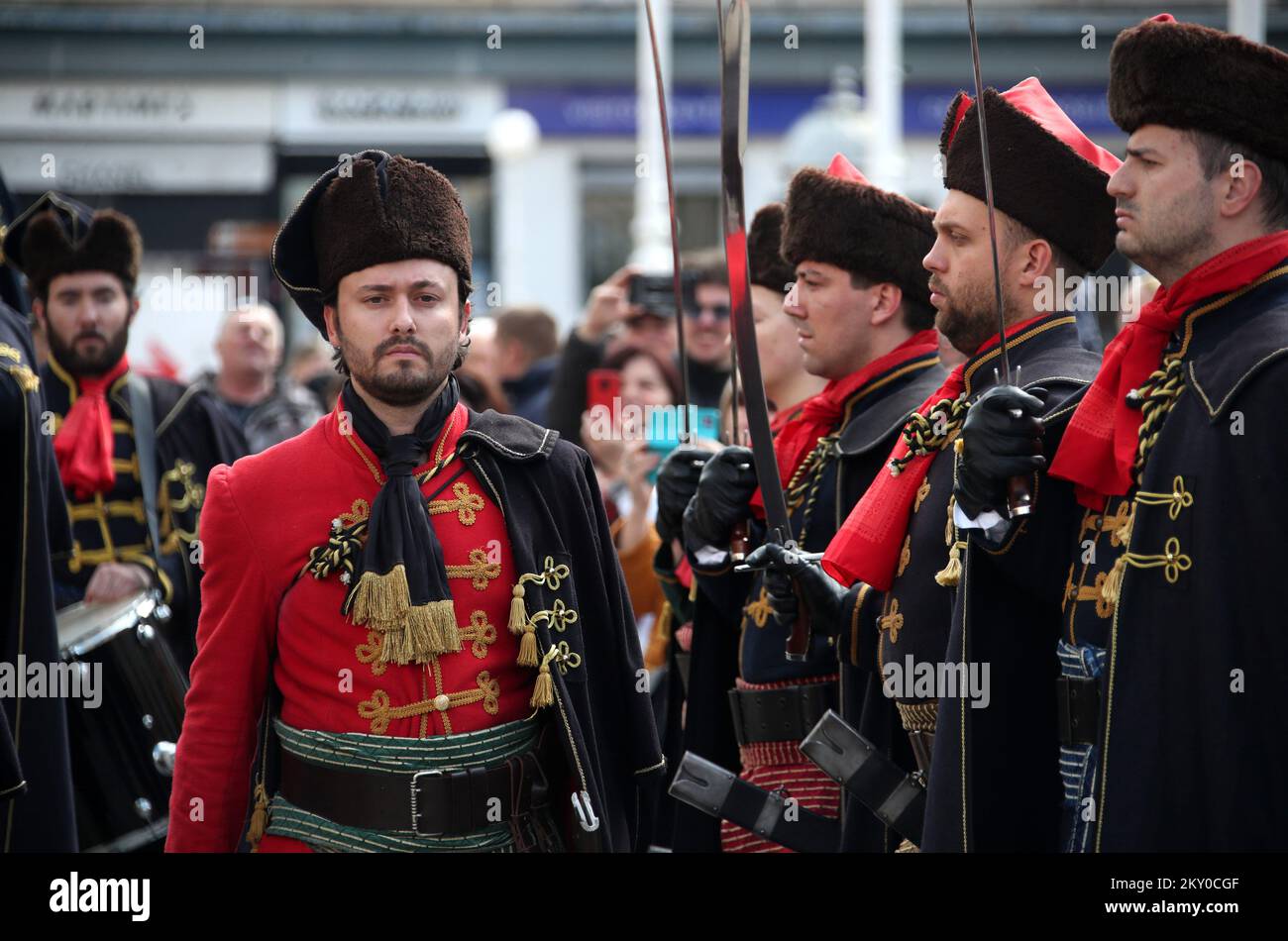 Soldiers of The Cravat Regiment in traditional military uniforms attend ...
