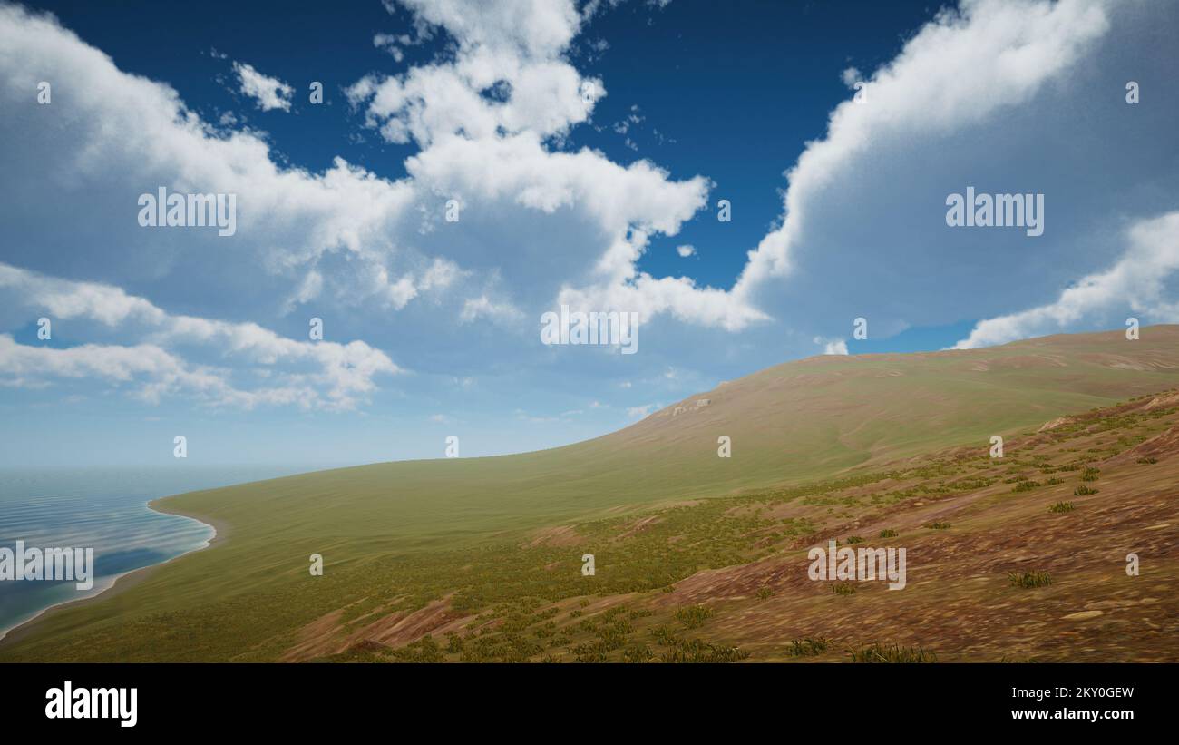 3D rendering. Natural environment of a green island with no trees ...