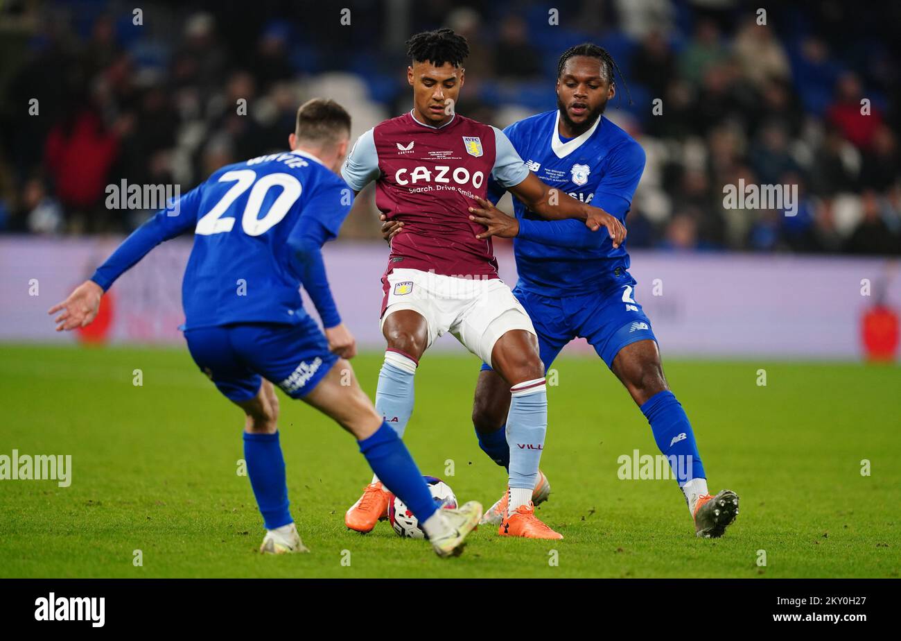 Aston Villa's Ollie Watkins and Cardiff City's Cedric Kipre during the ...