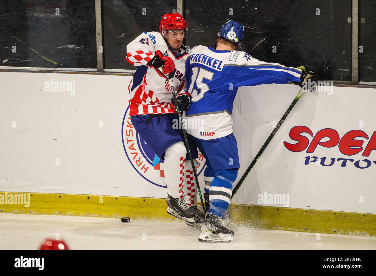 Luka Jarcov of Croatia and Sergei Frenkel of Israel in action during ...