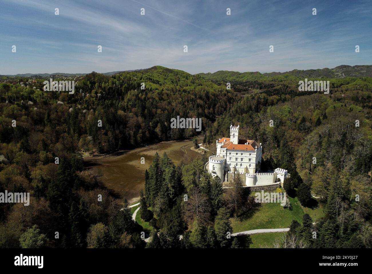 A ariel view of Trakoscan Castle and Dried Artificial lake at Trakoscan ...