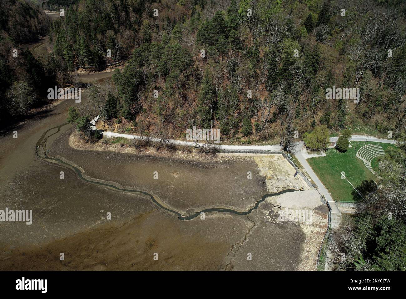 A ariel view of Trakoscan Castle and Dried Artificial lake at Trakoscan ...