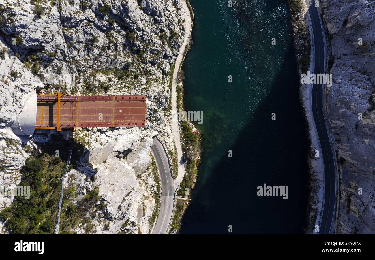 A ariel view show construction site of Cetina Bridge in Omis, Croatia ...