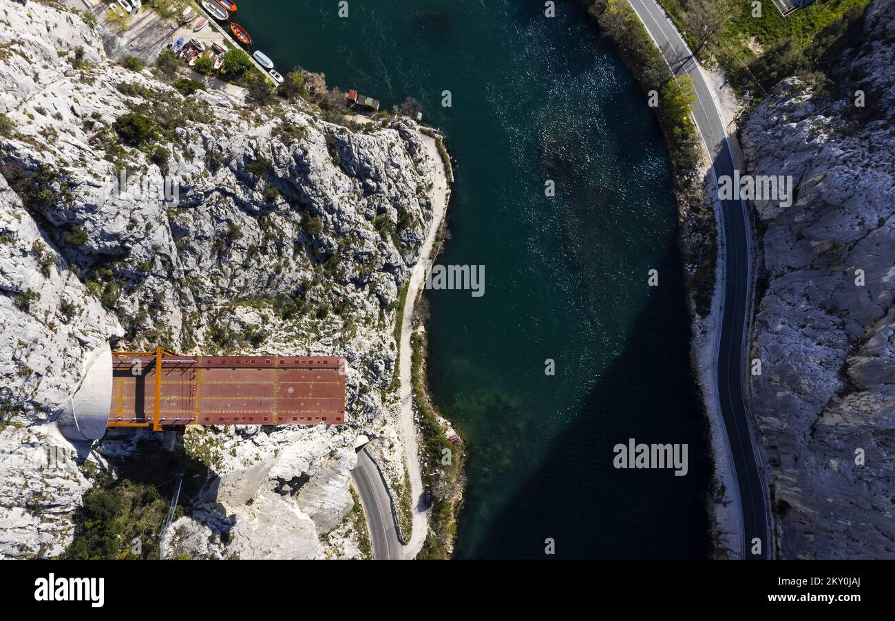 A ariel view show construction site of Cetina Bridge in Omis, Croatia ...