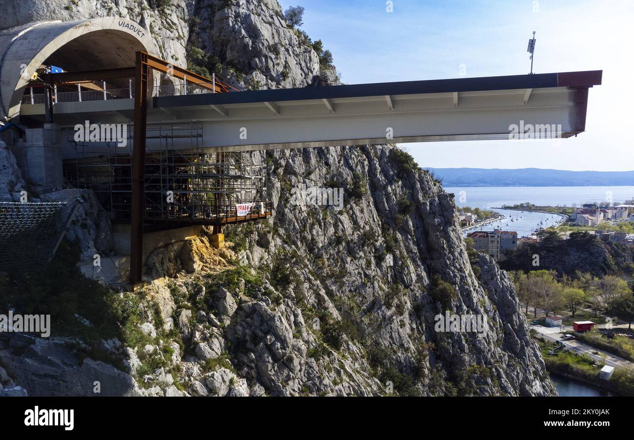 A ariel view show construction site of Cetina Bridge in Omis, Croatia ...