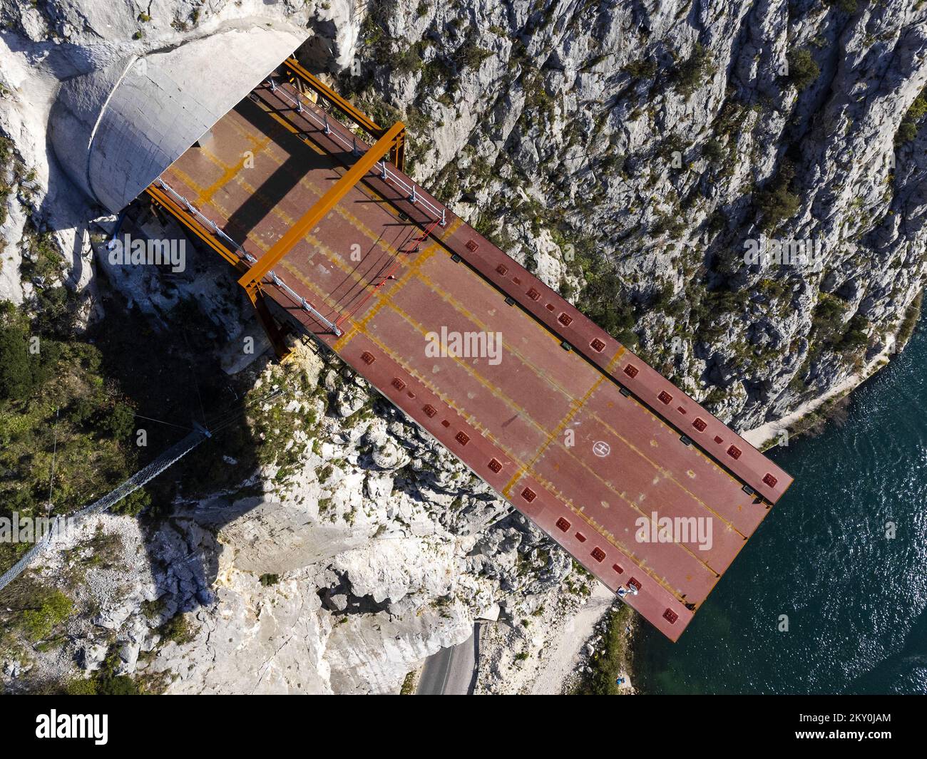 A ariel view show construction site of Cetina Bridge in Omis, Croatia ...