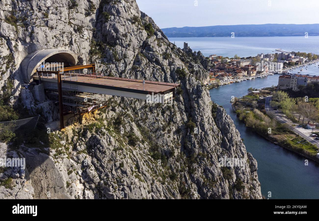 A ariel view show construction site of Cetina Bridge in Omis, Croatia ...