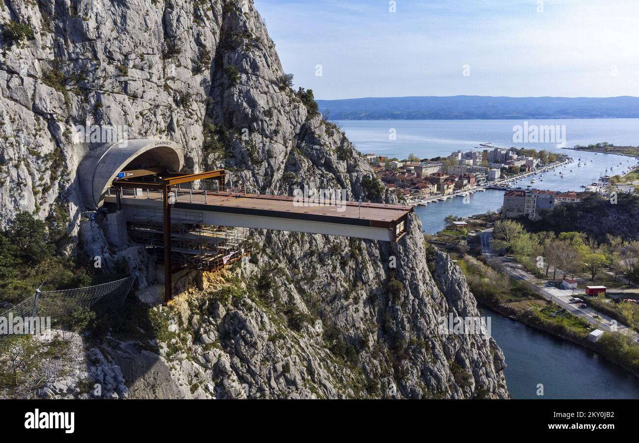 A ariel view show construction site of Cetina Bridge in Omis, Croatia ...