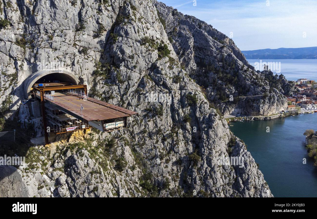 A ariel view show construction site of Cetina Bridge in Omis, Croatia ...