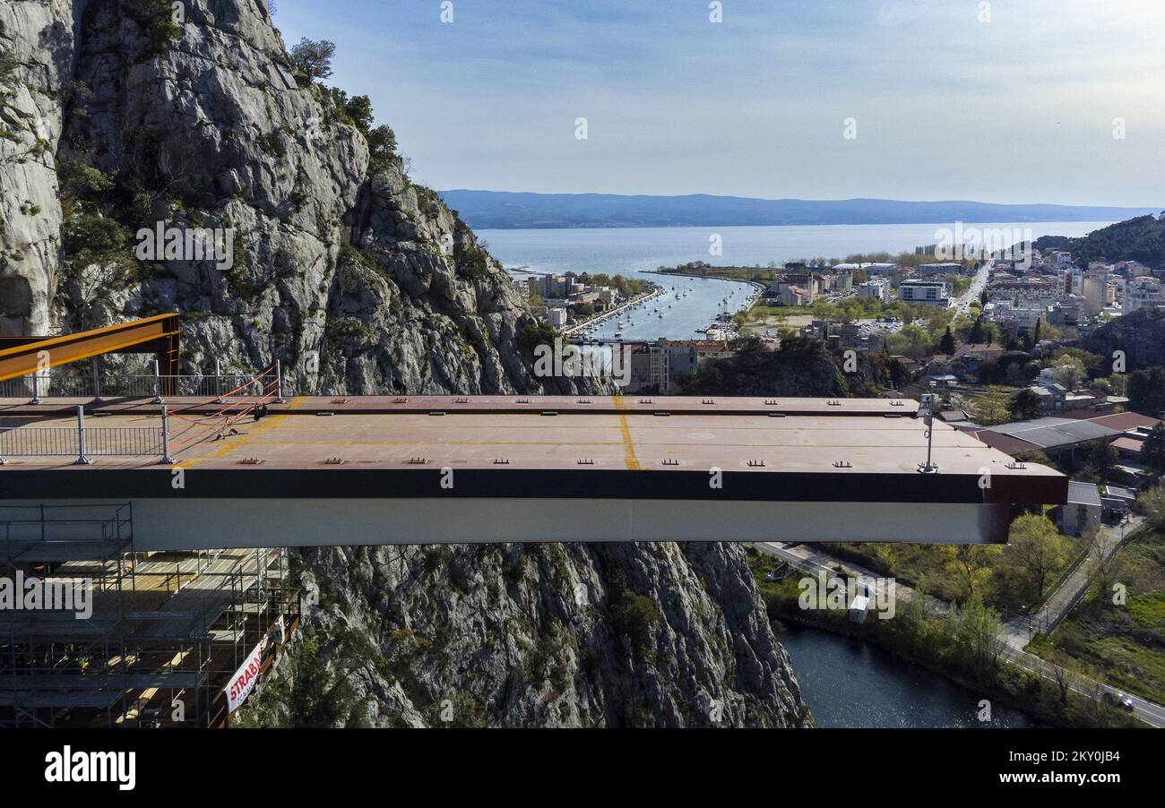 A ariel view show construction site of Cetina Bridge in Omis, Croatia ...
