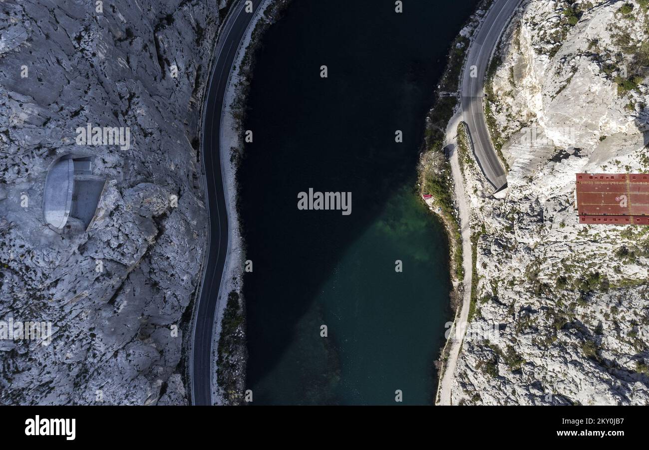 A ariel view show construction site of Cetina Bridge in Omis, Croatia ...