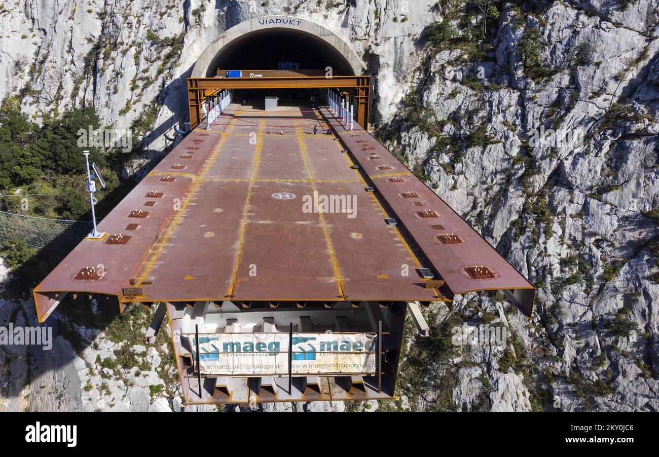A ariel view show construction site of Cetina Bridge in Omis, Croatia ...