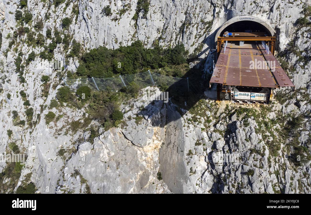 A ariel view show construction site of Cetina Bridge in Omis, Croatia ...