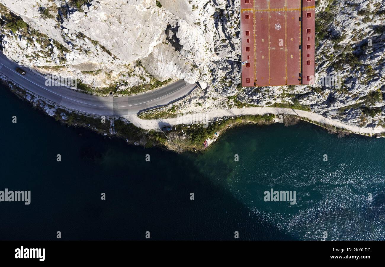 A ariel view show construction site of Cetina Bridge in Omis, Croatia ...