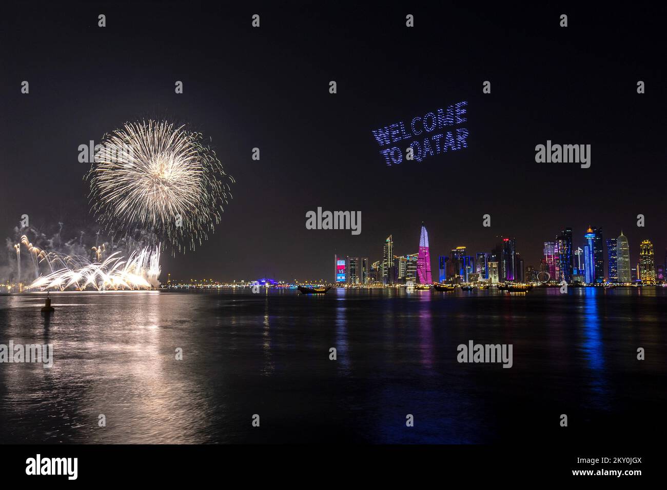 Fireworks and drone show over West Bay in Doha, Qatar on November 30 ...
