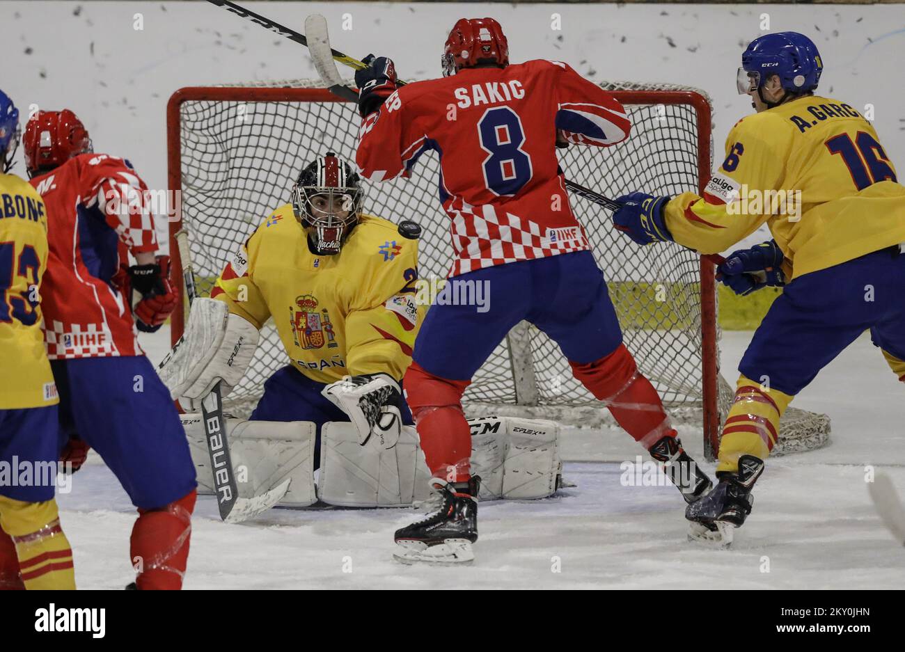 Goalkeeper of Spain Ignacio Garcia and Marko Sakic of Croatia in action ...