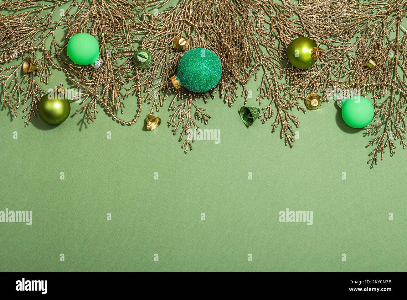 New Year festive background. Christmas balls, coniferous branches ...