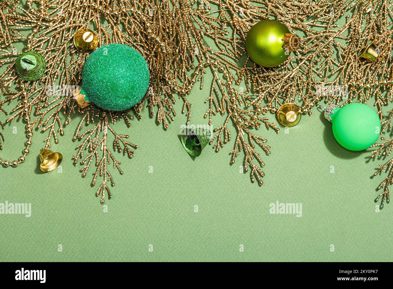 New Year festive background. Christmas balls, coniferous branches ...