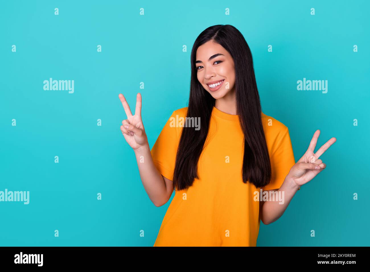 Photo of nice lovely pretty girl with long hairstyle yellow t-short ...