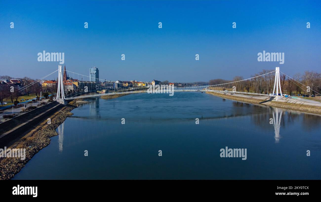 Aerial view of the famous Osijek pedestrian bridge, which is currently ...