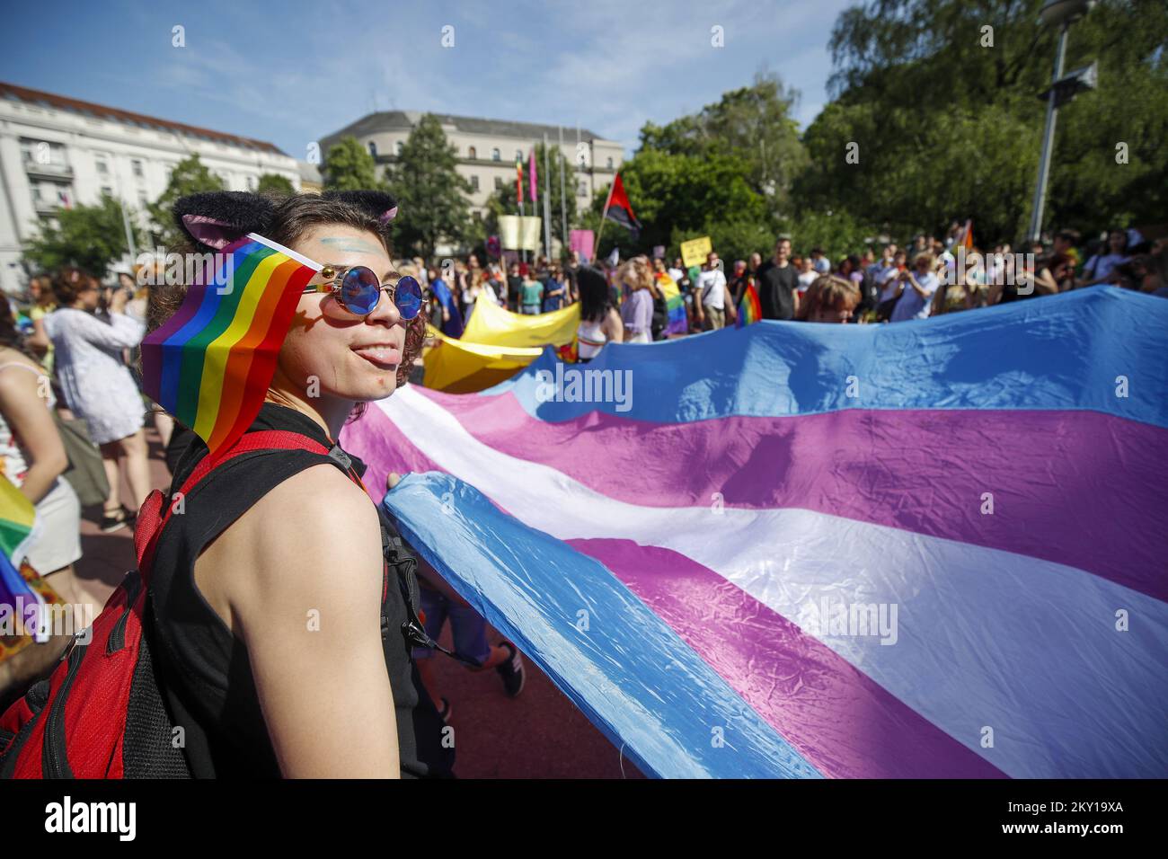 Participants hold a giant rainbow-coloured flag during the 21st Zagreb ...