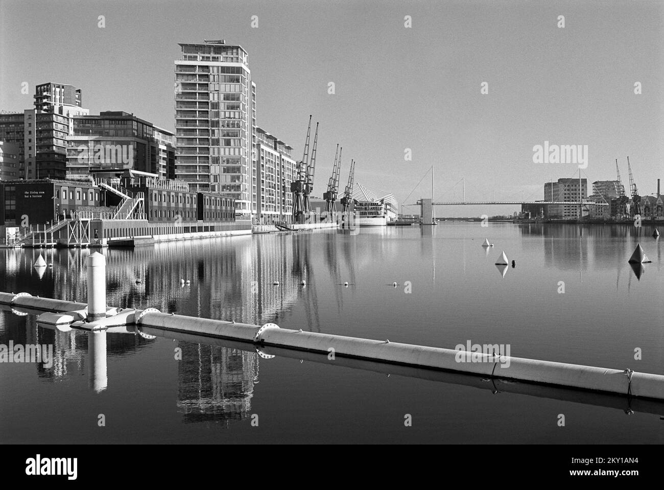 Royal Victoria Dock, East London UK, in monochrome, looking east ...