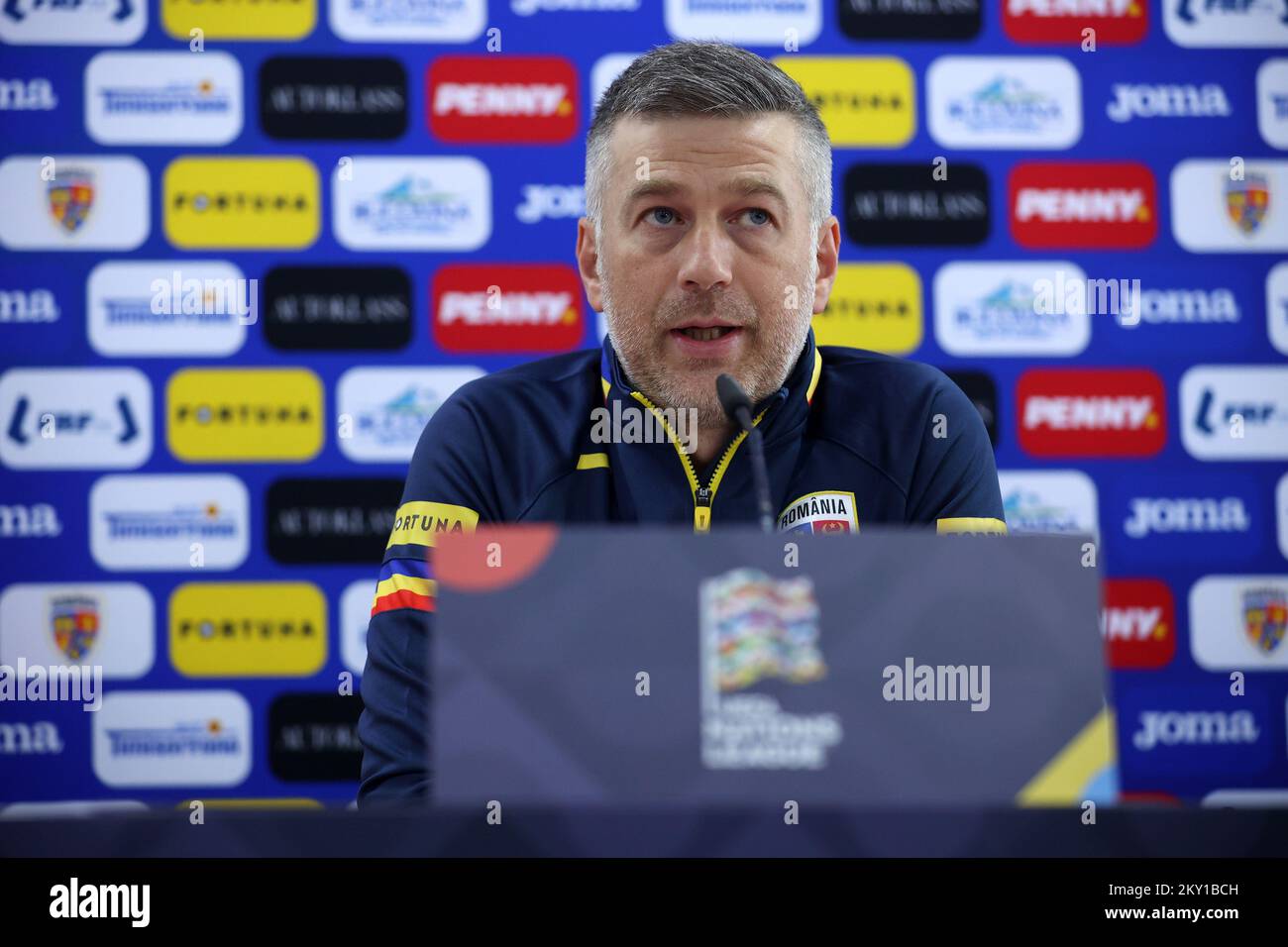 Head coach of Romania Edward Iordanescu speaks on a press conferece at ...