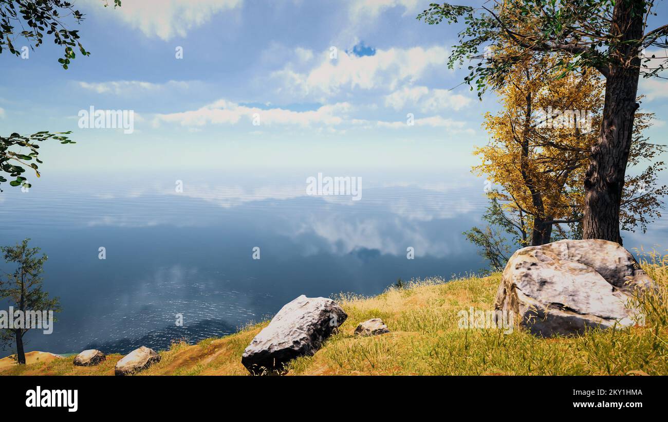 3D rendering. An immersive natural environment. Landscape to illustrate ...