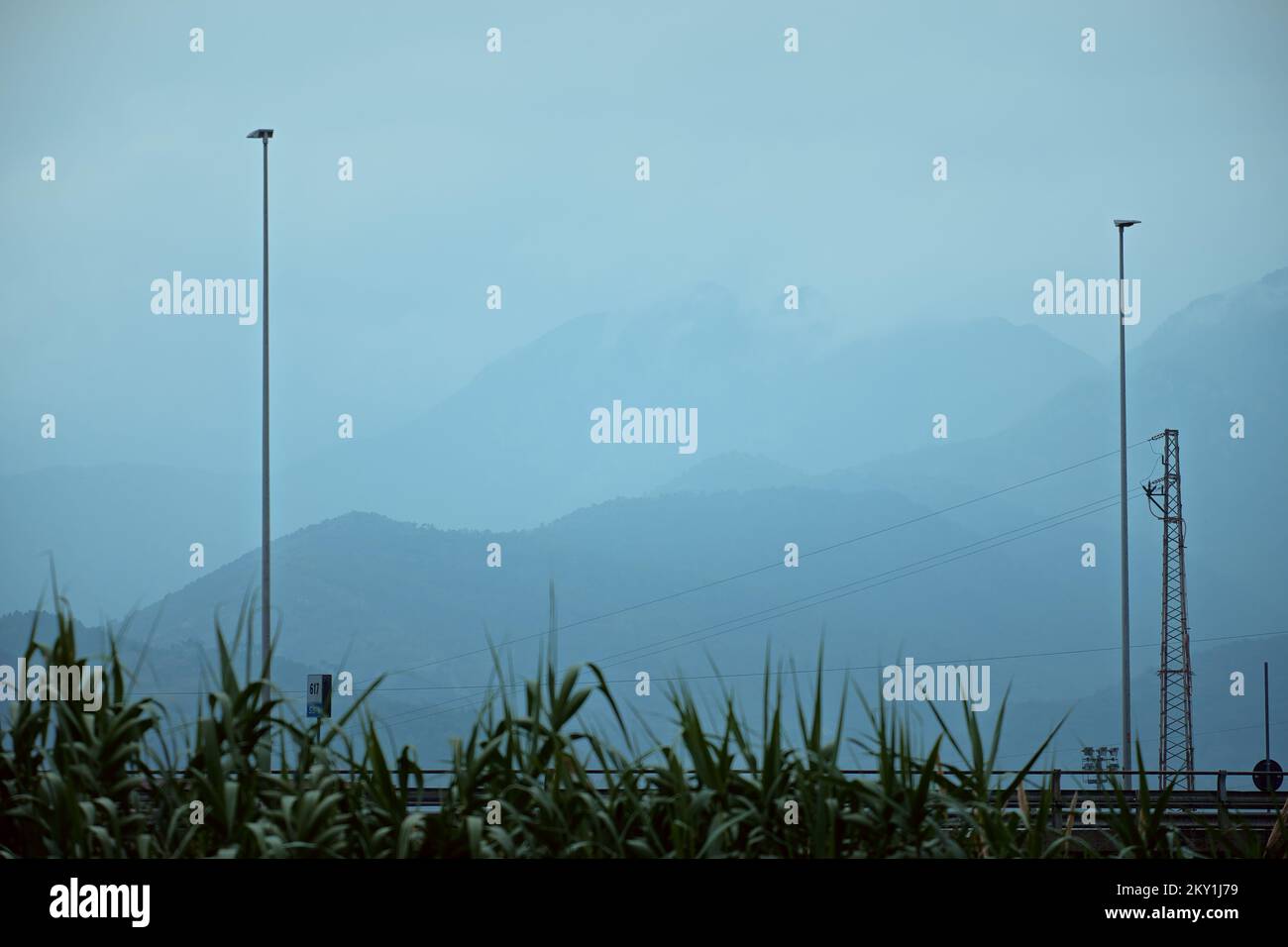 Peaceful nature landscape background with mountains. Tonal perspective ...